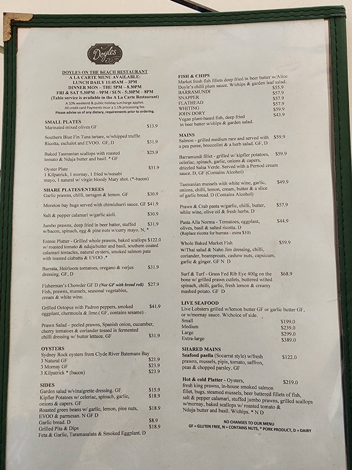 Menu at Doyles on the Beach Restaurant, Watsons Bay, 11 Marine Parade