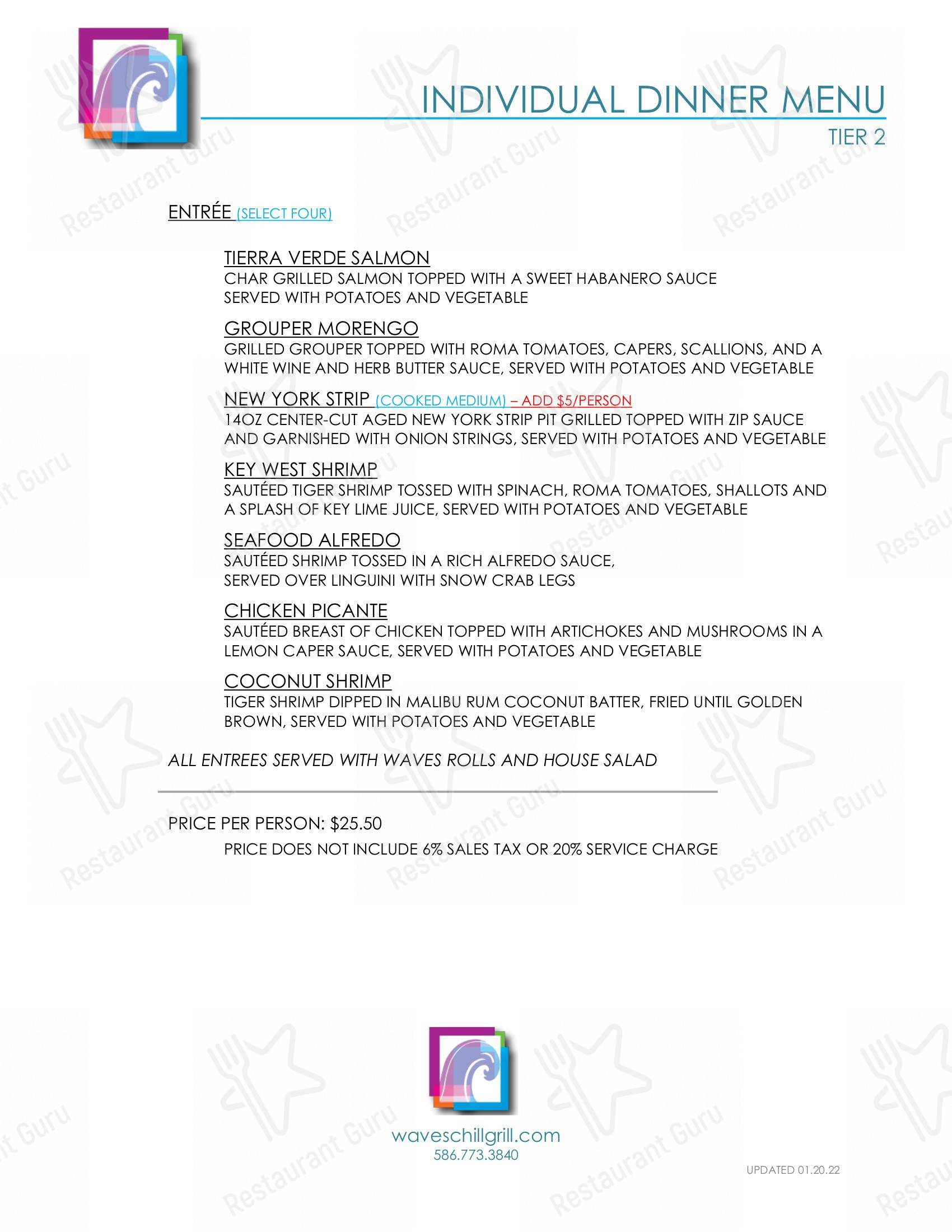 Menu at Waves pub & bar, Saint Clair Shores