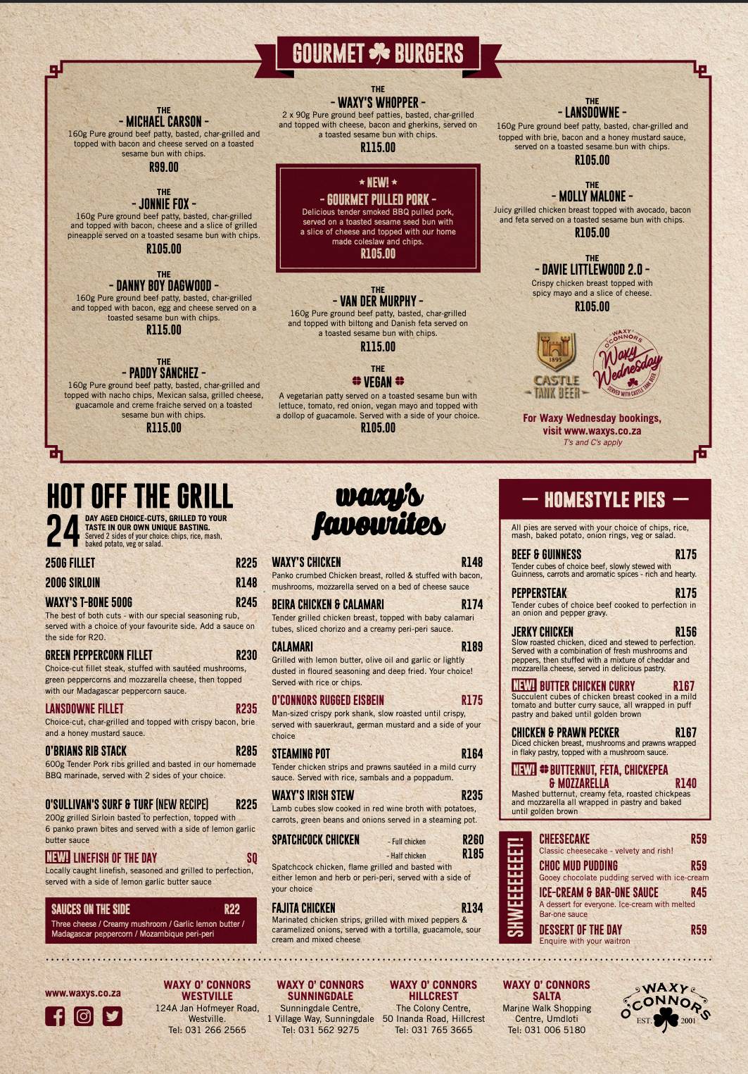 Menu at Waxy O'Connors restaurant, Durban