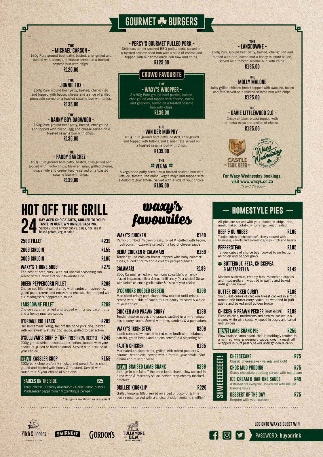 Menu at Waxy O'Connors Westville restaurant, Durban