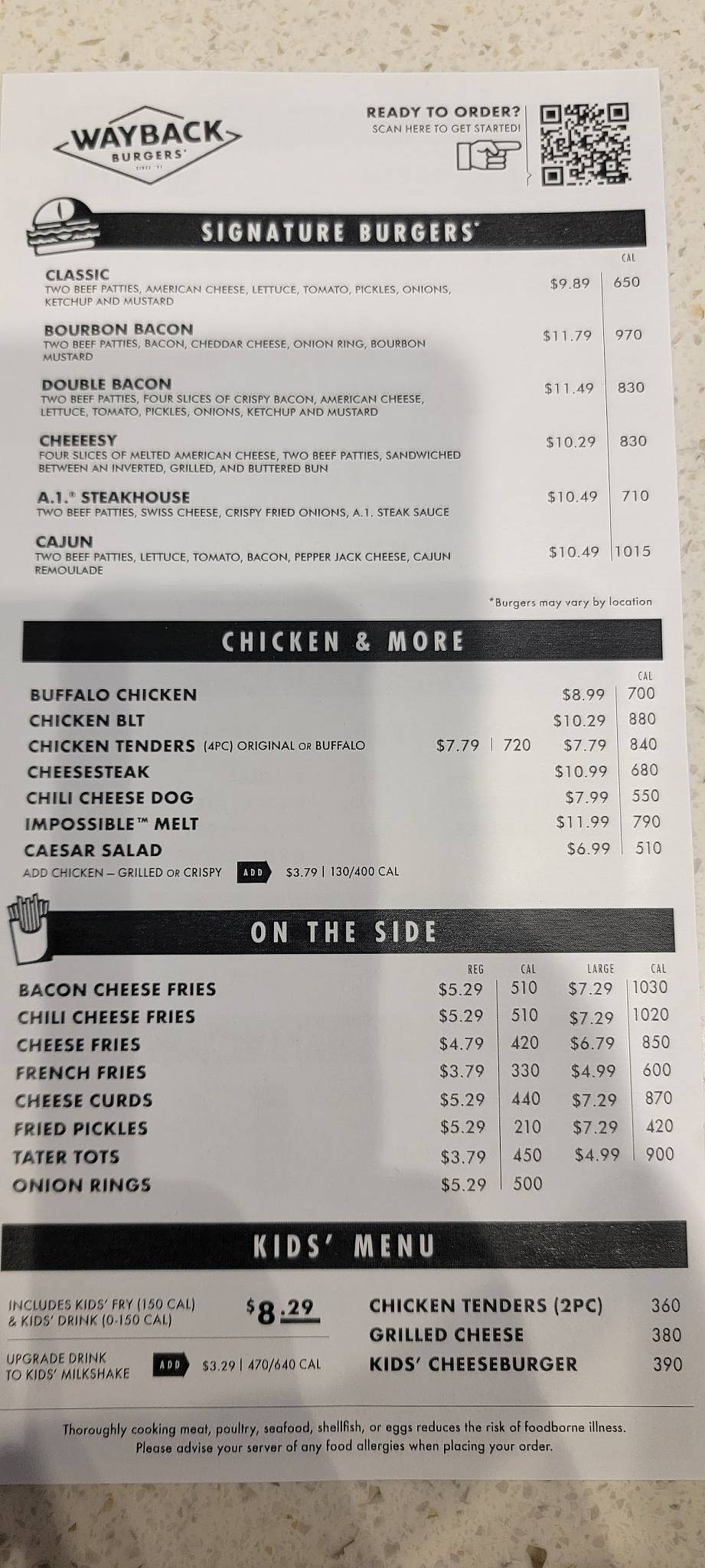 Menu at Wayback Burgers restaurant, Yuba City