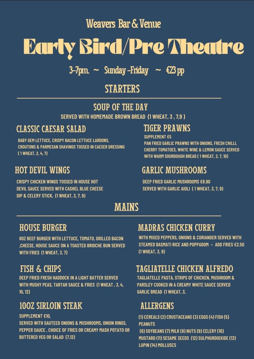 Menu at Weavers Bar & Venue, Drogheda