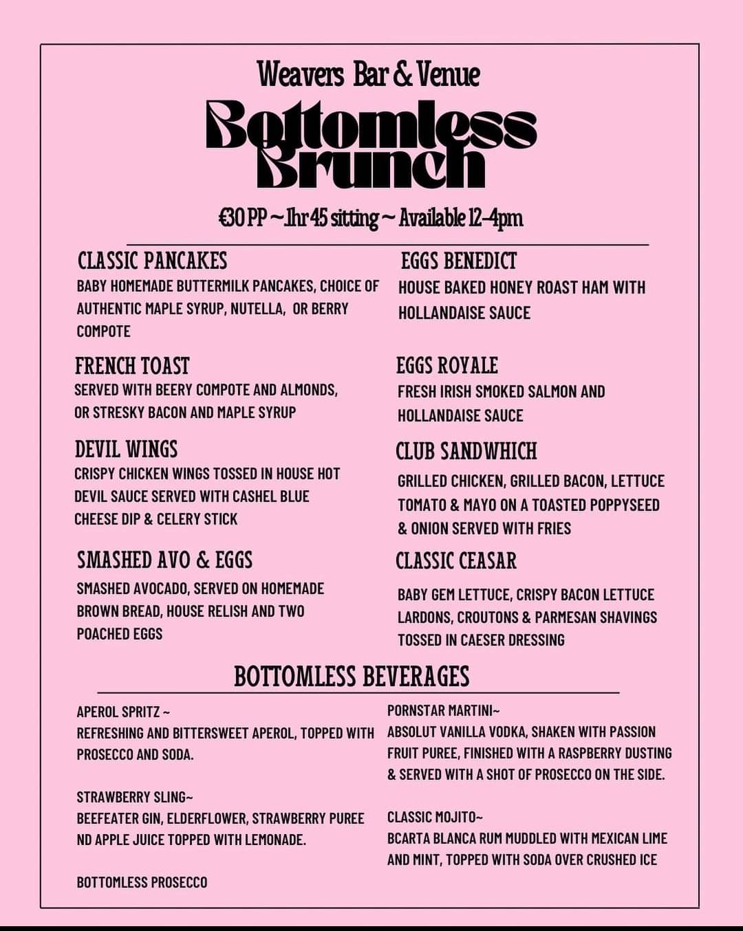 Menu at Weavers Bar & Venue, Drogheda