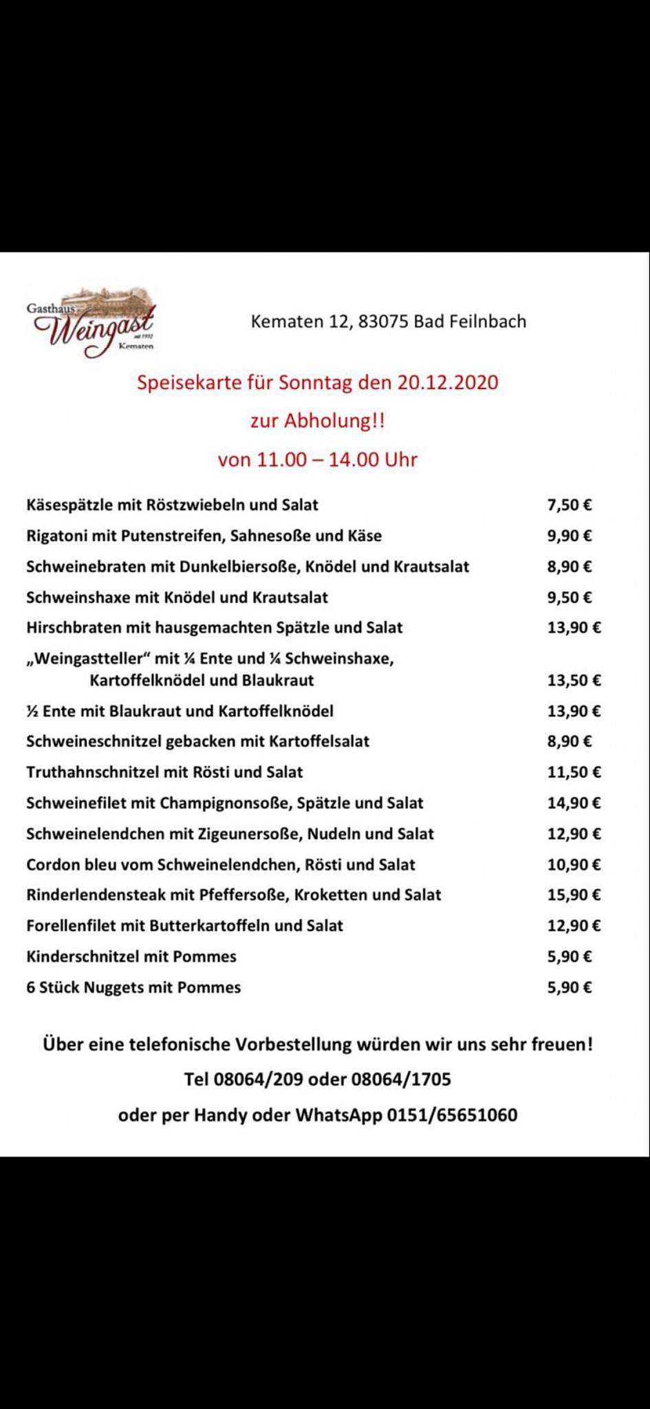 Speisekarte von Gasthaus Weingast restaurant, Bad Feilnbach