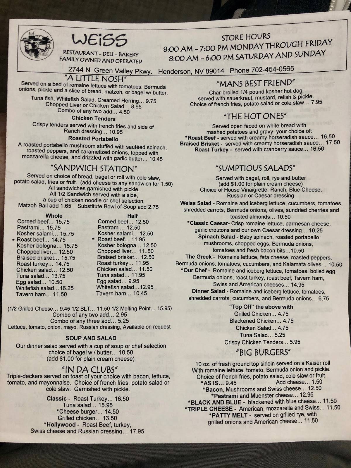 Menu at Weiss Deli restaurant, Henderson