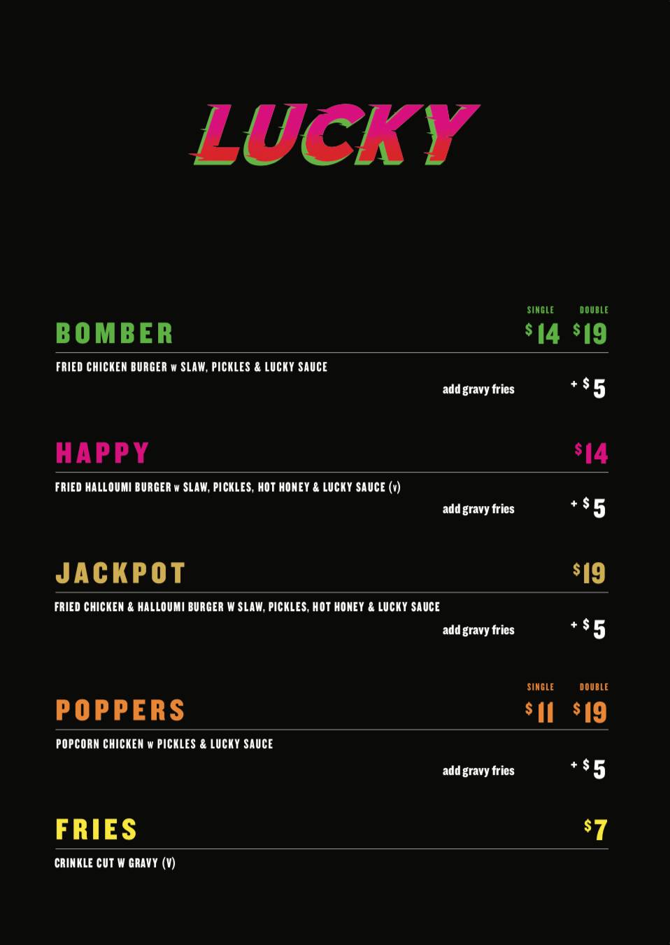 Menu at Lucky, Wellington, 101-103 Courtenay Pl