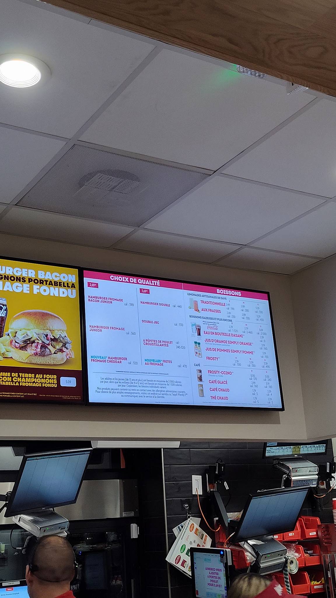 Menu au Wendy's restaurant, Granby