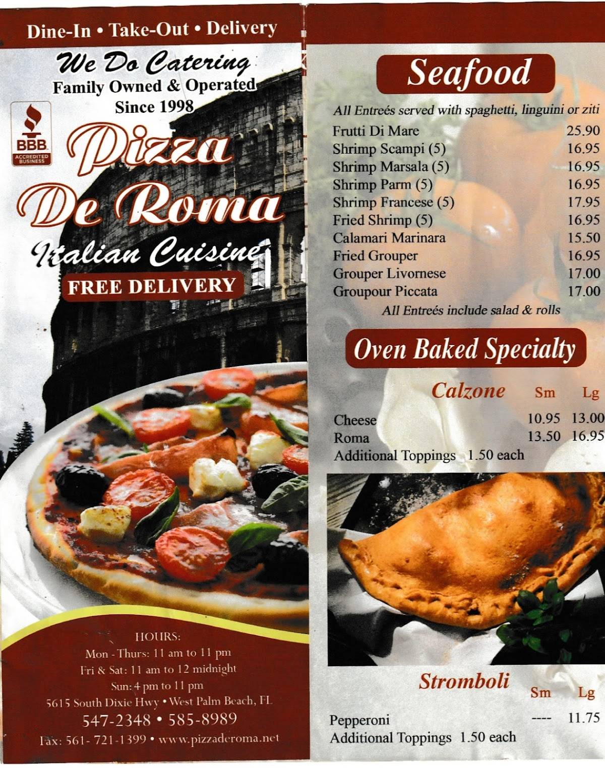 Menu at Pizza De Roma pizzeria, West Palm Beach, S Dixie Hwy