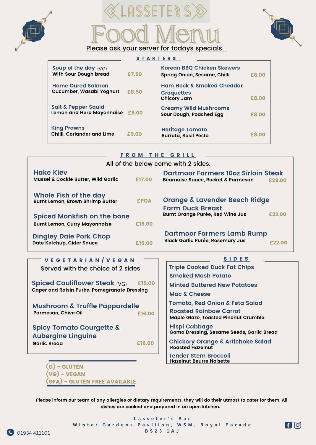 Menu at Lasseter's Bar and Kitchen, Weston-super-Mare
