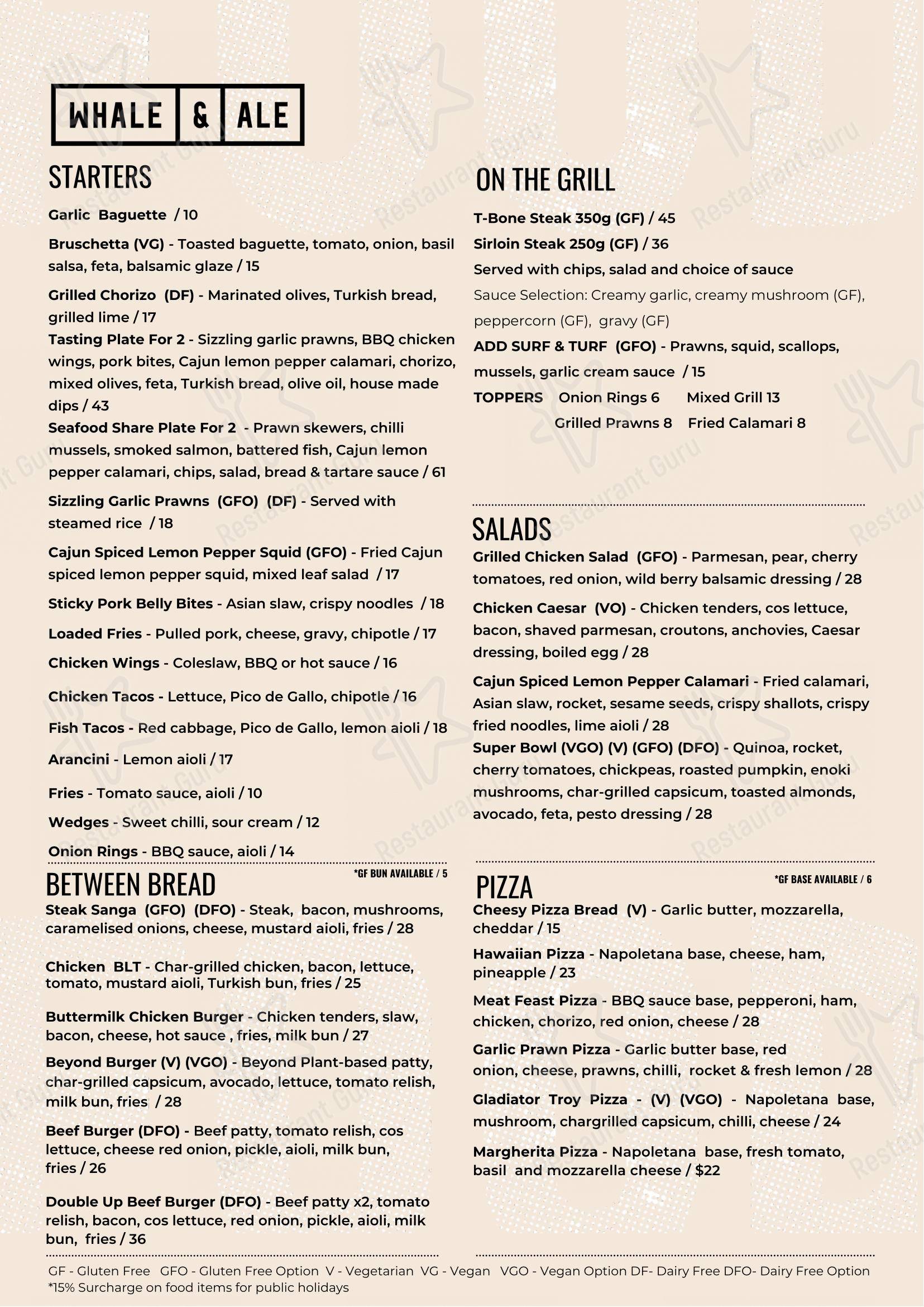 Menu at Whale & Ale restaurant, Clarkson