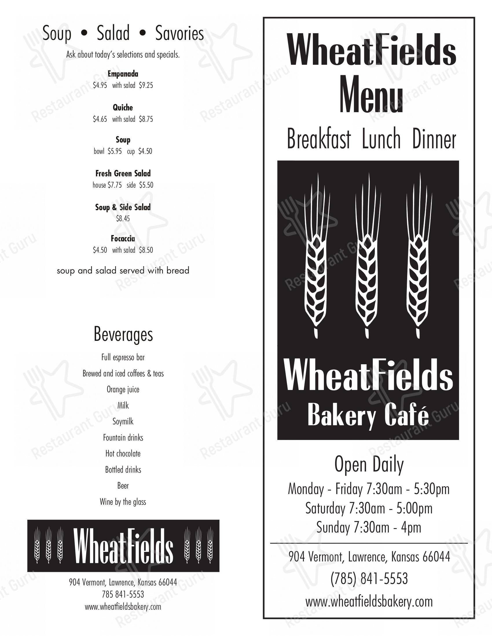 Menu at Wheatfields Bakery Cafe, Lawrence