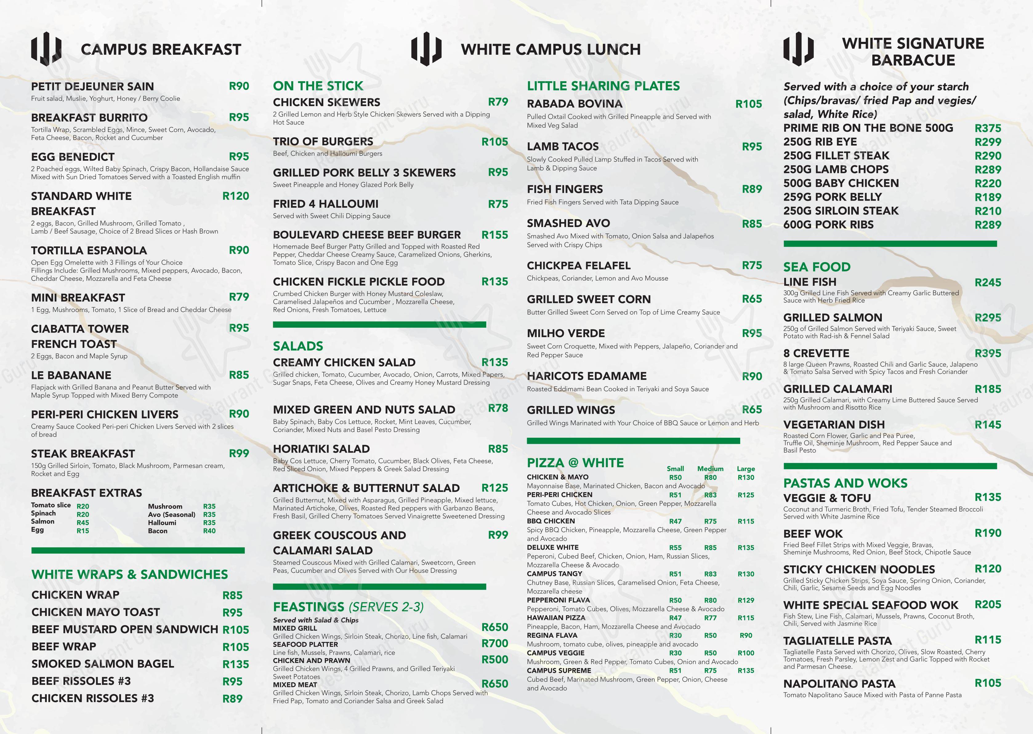 Menu at White Campus Square restaurant, Johannesburg