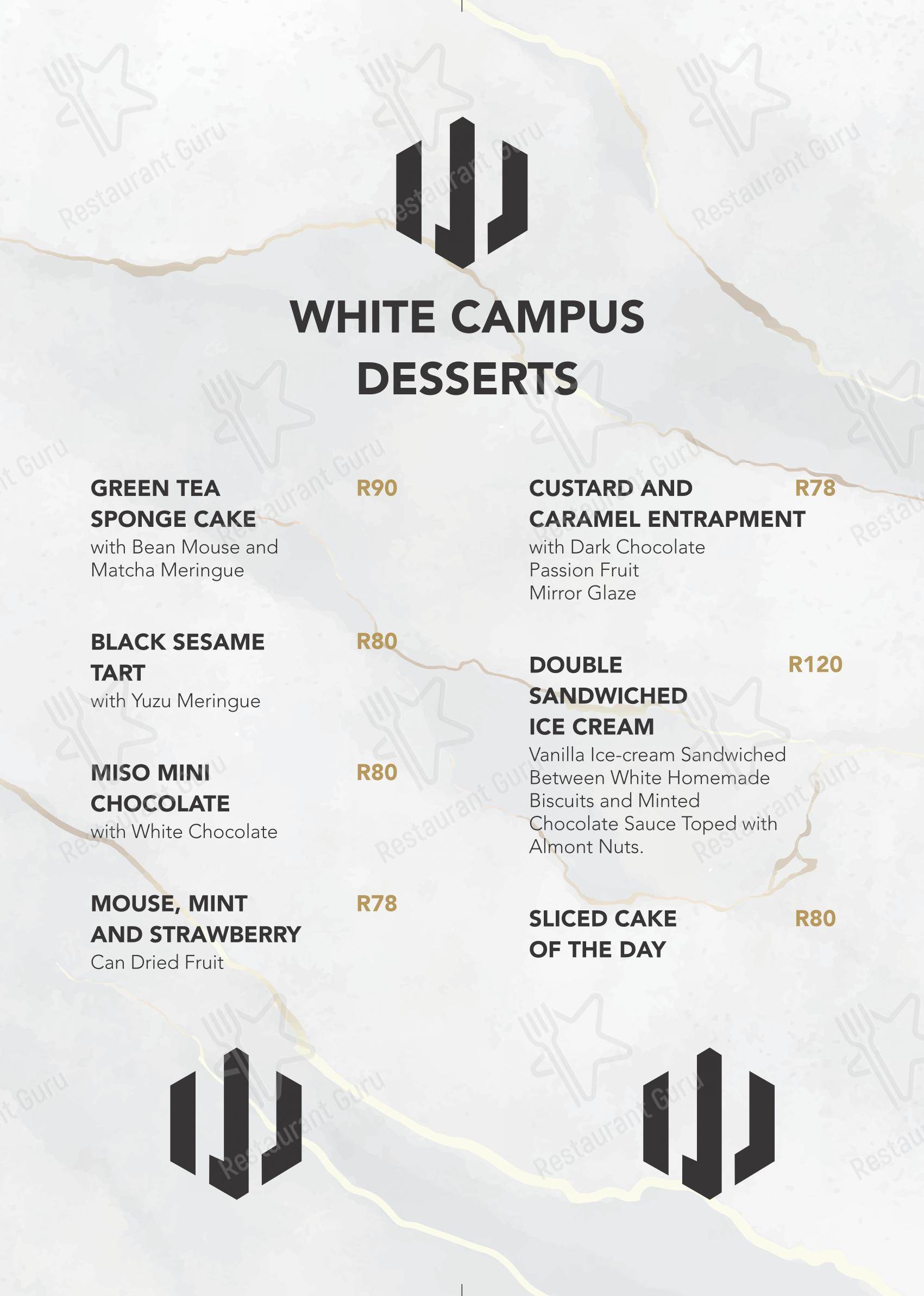 Menu at White Campus Square restaurant, Johannesburg