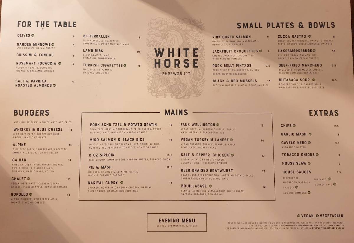 Menu at White Horse pub & bar, Shrewsbury