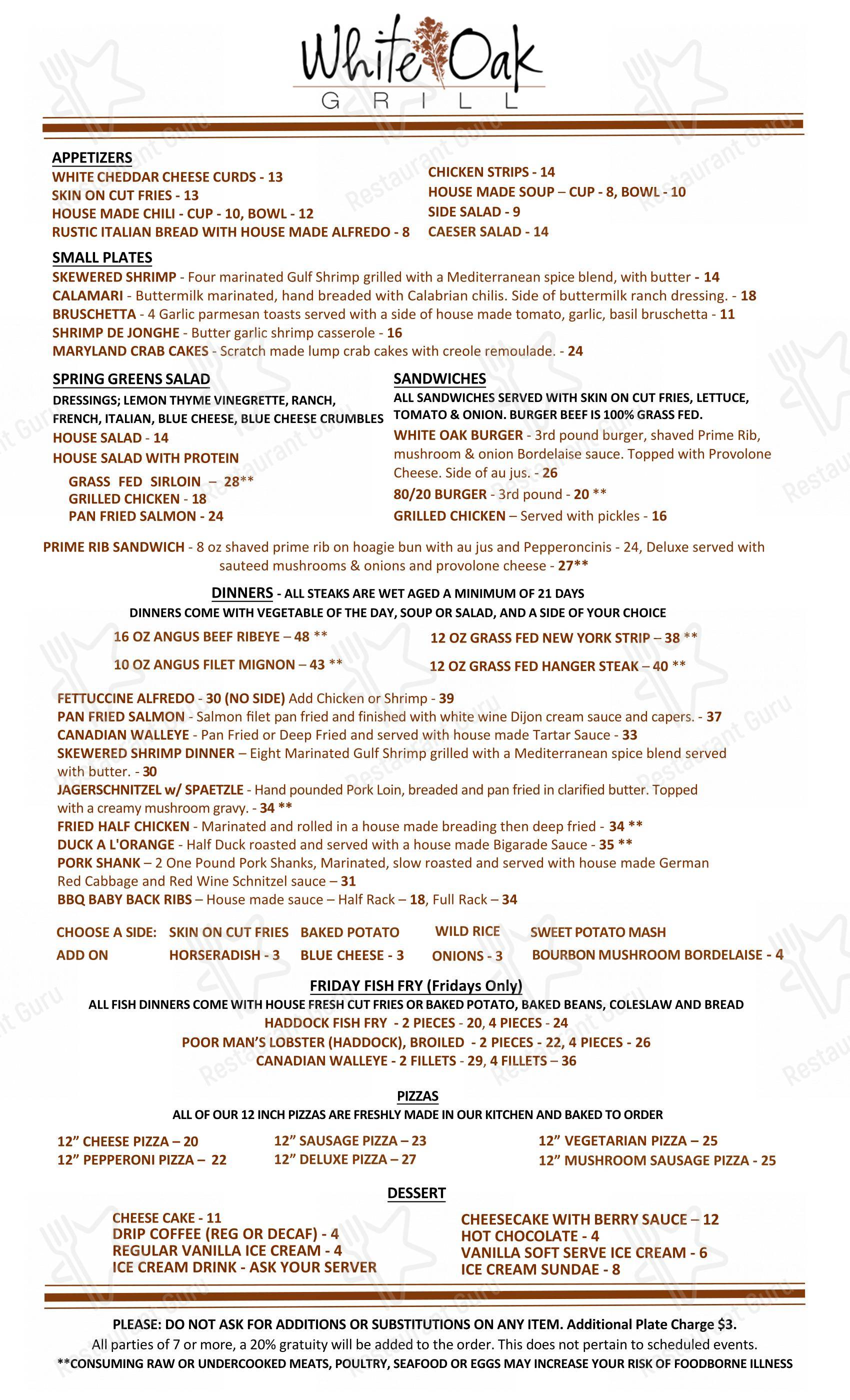 Menu at White Oak Grill steakhouse, Manitowish Waters