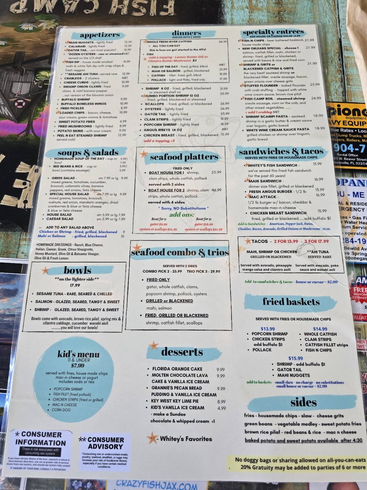 Menu at Whitey's Fish Camp pub & bar, Fleming Island