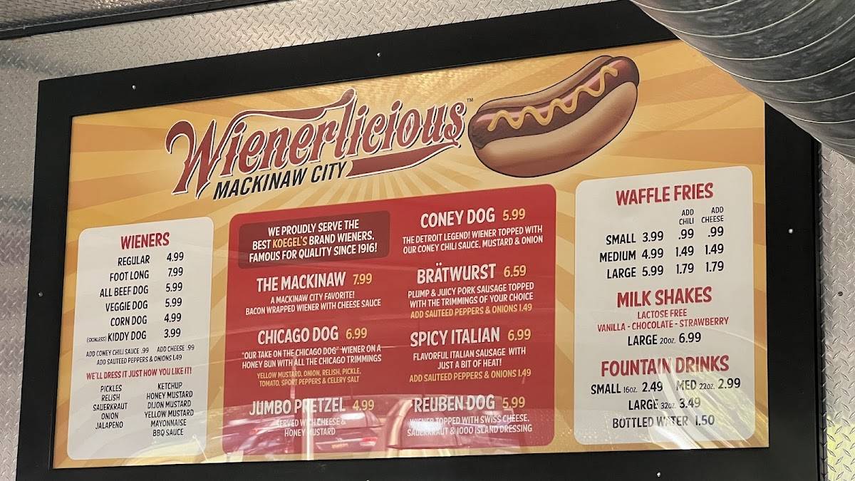 Menu at Wienerlicious restaurant, Mackinaw City