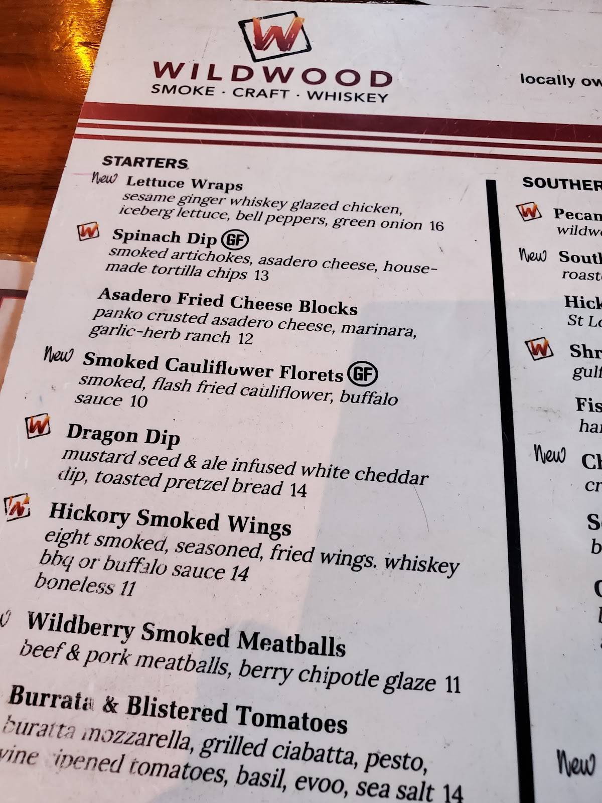 Menu at Wildwood Firewheel restaurant, Garland