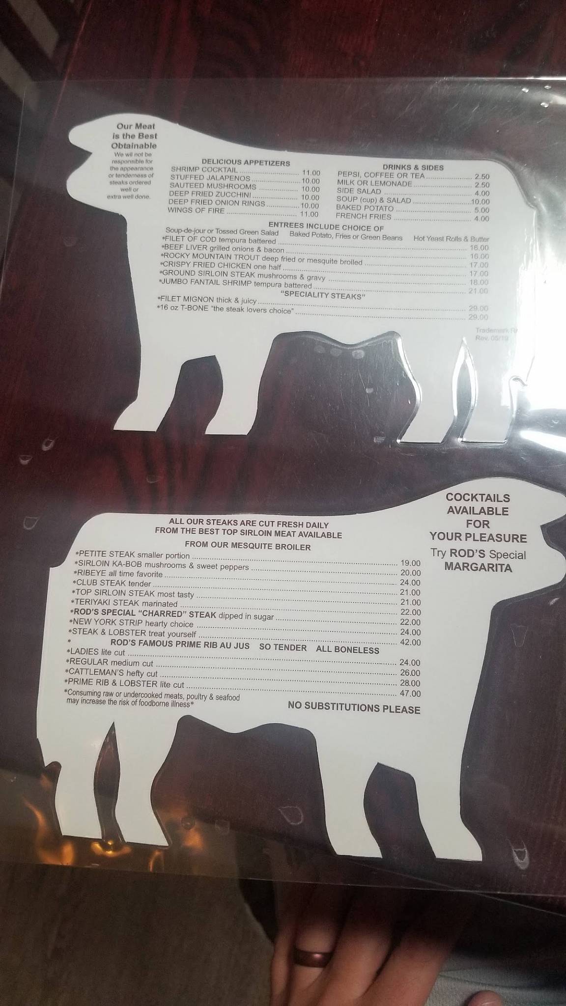 Menu at Rod's Steak House steakhouse, Williams
