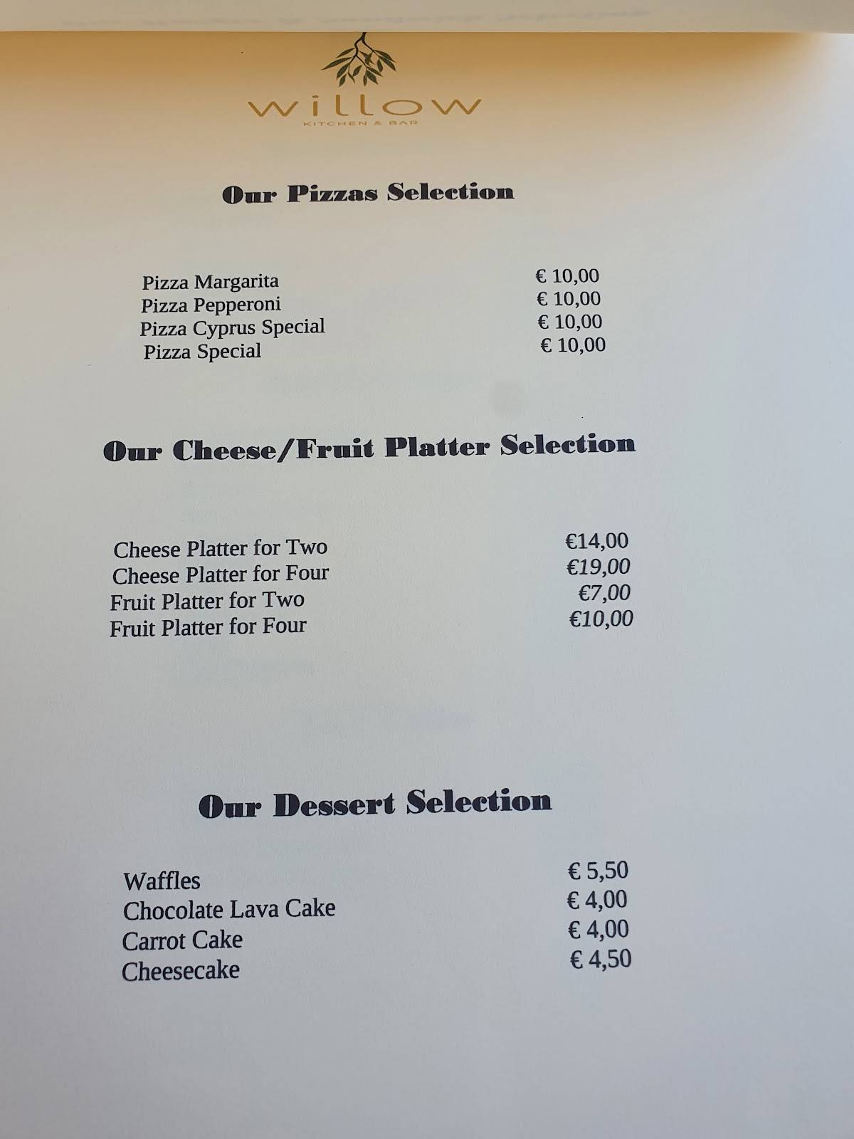 Menu at Willow Bar, Polemi