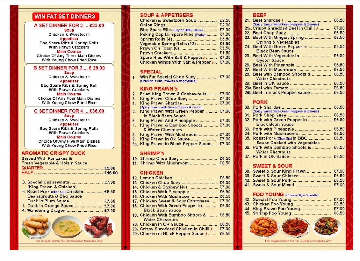 Menu at Win Fat fast food, Sheffield