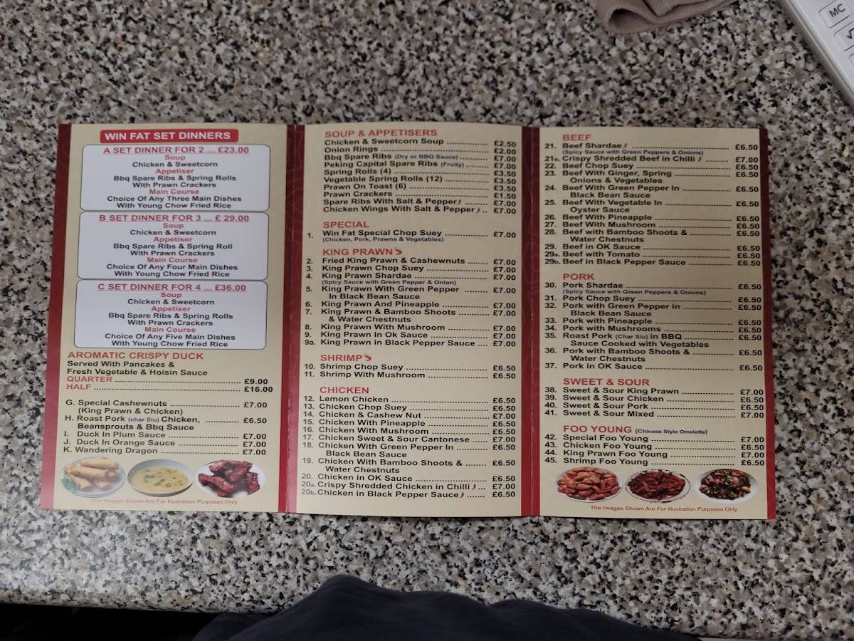 Menu at Win Fat fast food, Sheffield