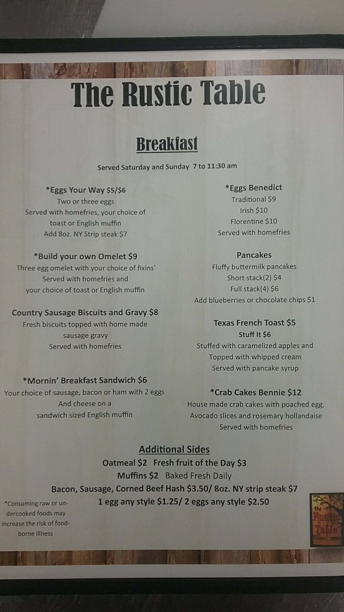 Menu at The Rustic Table restaurant, Winchester