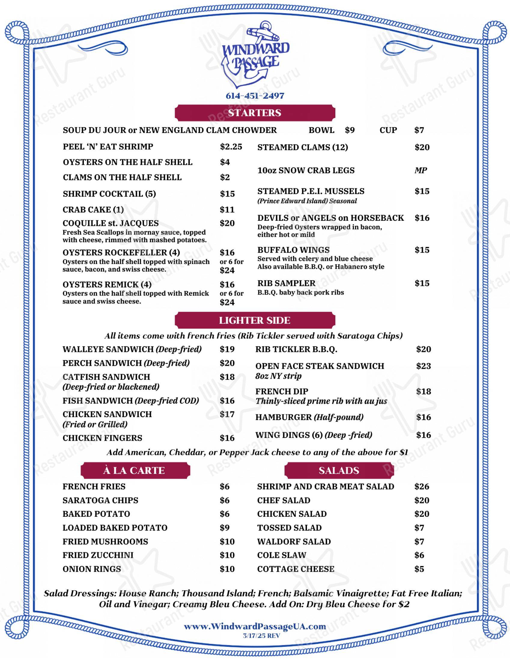 Carta del pub y bar Windward Passage, Columbus