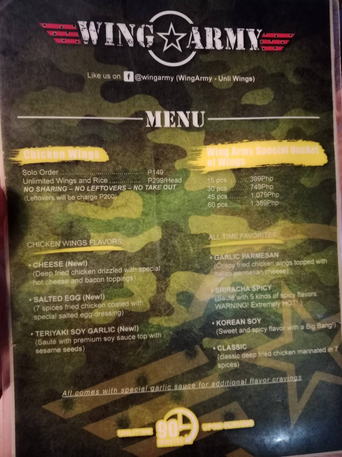 Menu at Wing Army restaurant, Parañaque