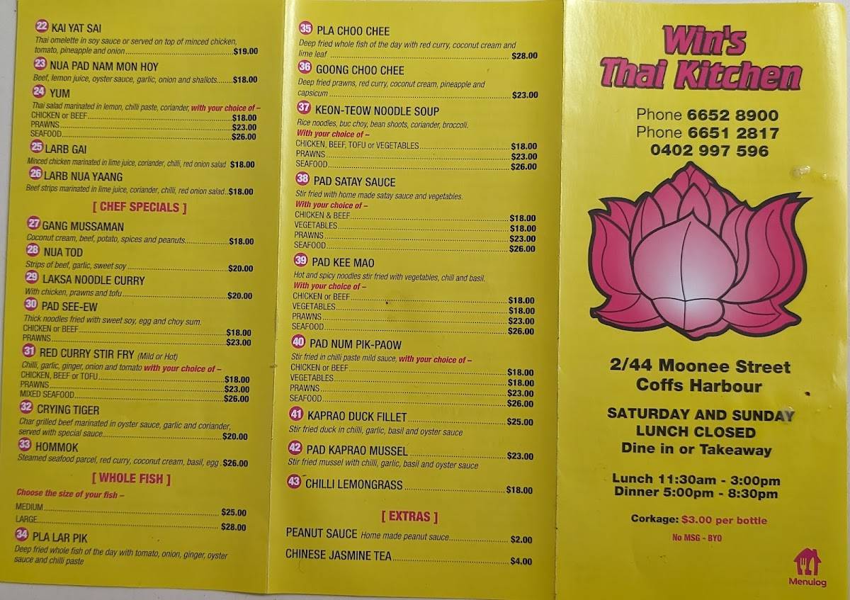 Menu at Win's Thai Kitchen fast food, Coffs Harbour