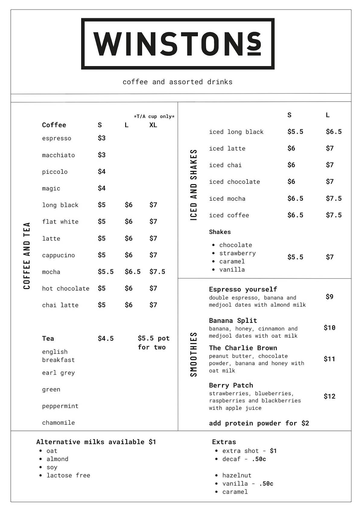 Menu at Winston's cafe, Kapunda