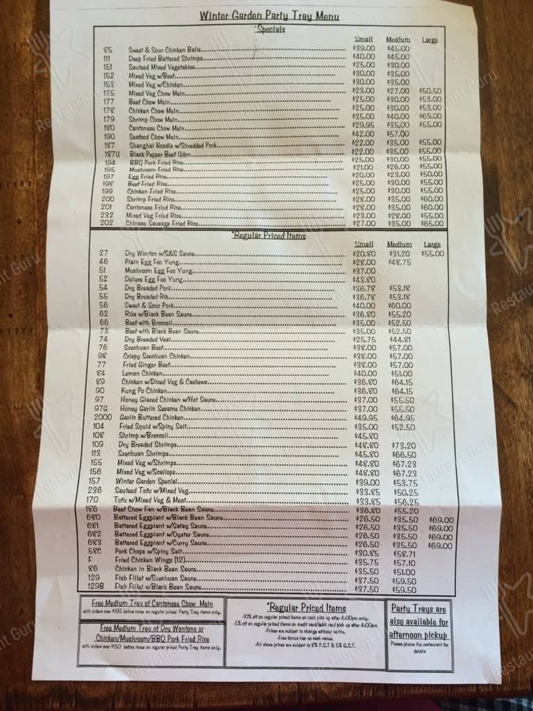 Menu at Winter Garden Chinese Restaurant, Winnipeg