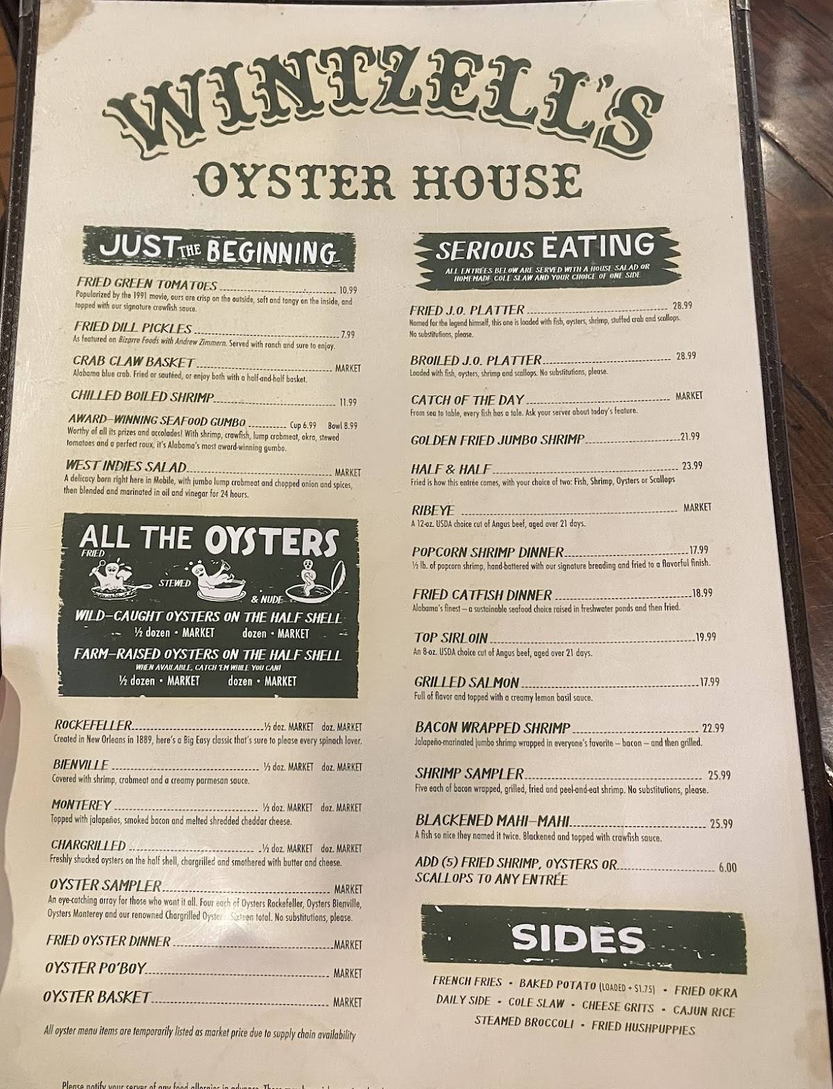Menu at Wintzell's Oyster House restaurant, Mobile, 605 Dauphin St