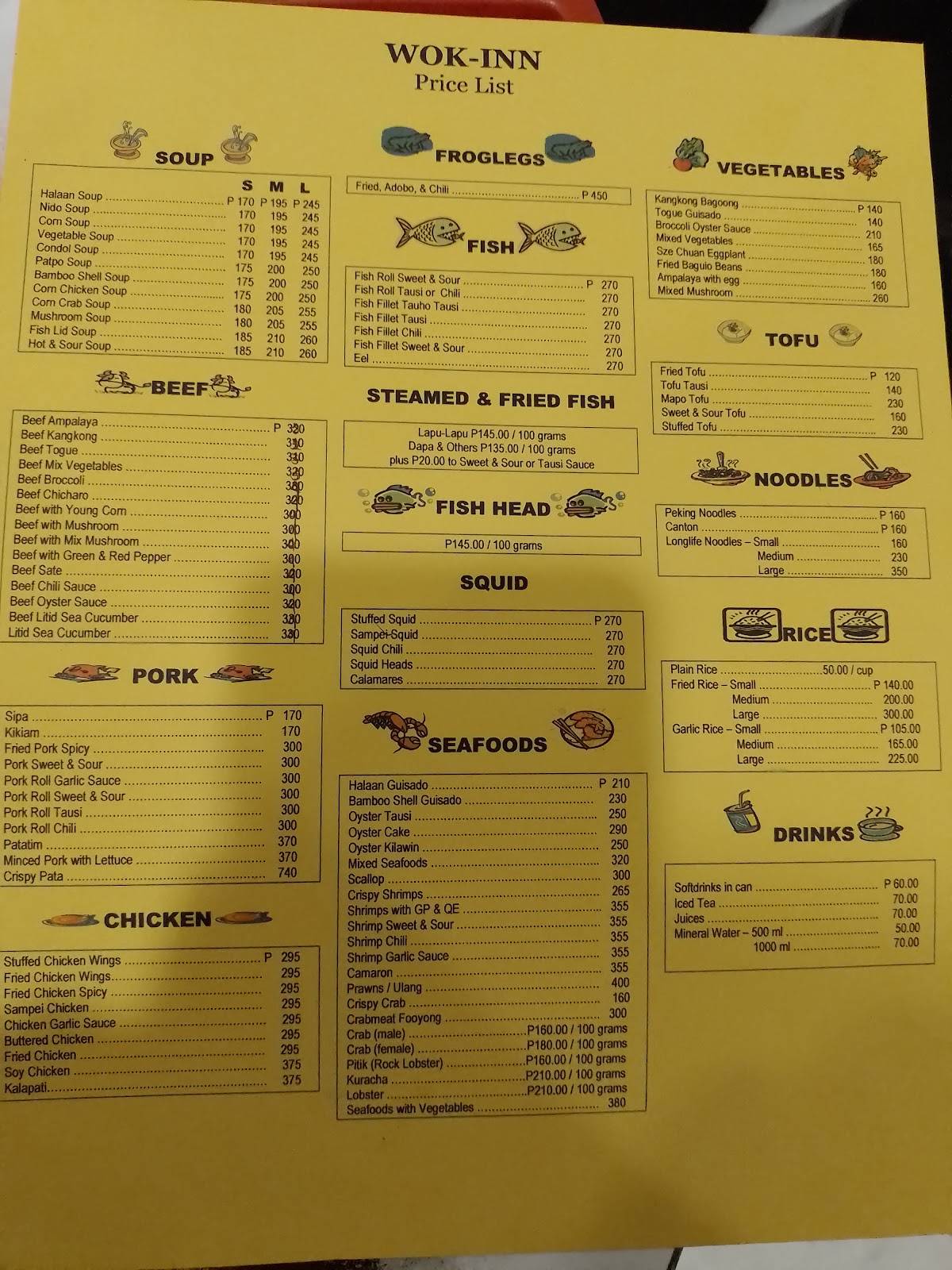 Menu at Wok Inn restaurant, Manila, 465 Remedios St