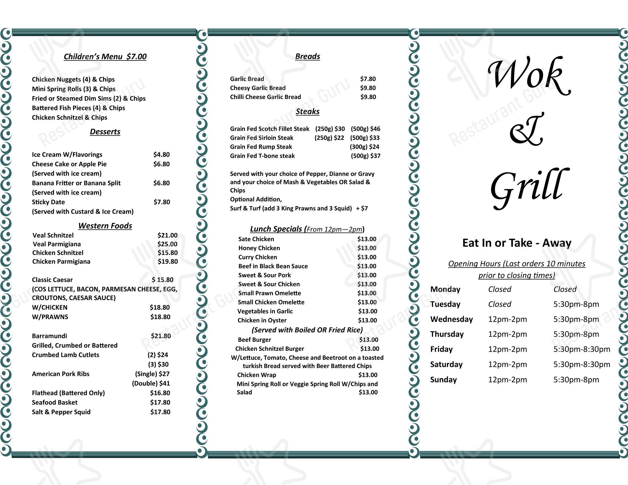 Menu at Wok & Grill @ Club Jamberoo, Jamberoo