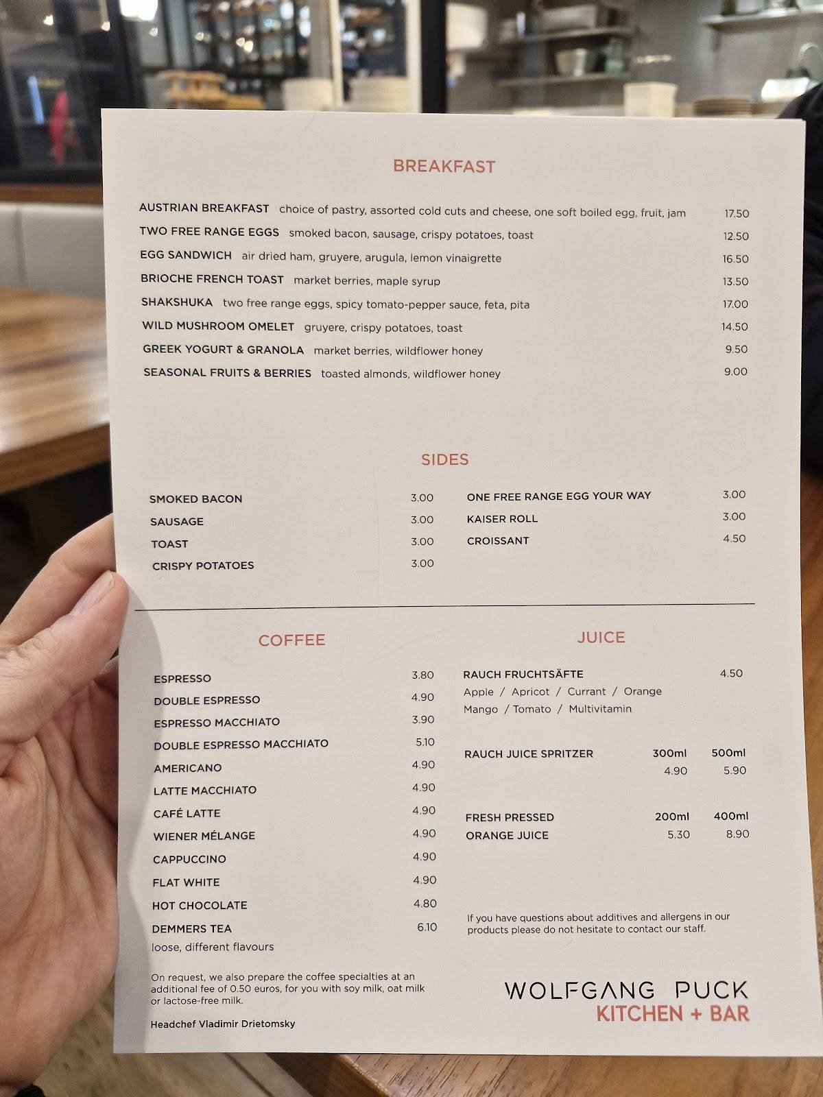 Menu au Wolfgang Puck Kitchen & Bar, Schwechat
