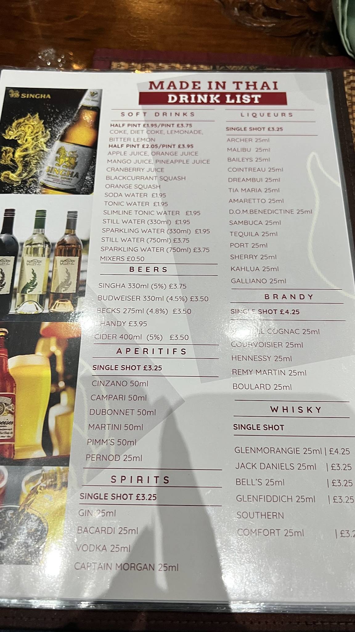Menu at Made In Thai restaurant, Wolverhampton