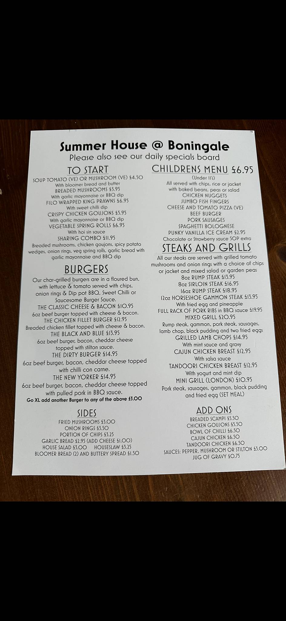 Menu at Summerhouse pub & bar, Boningale