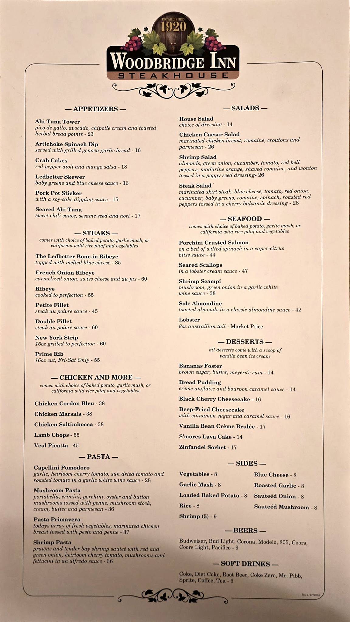 Menu at Woodbridge Inn Steakhouse, Woodbridge