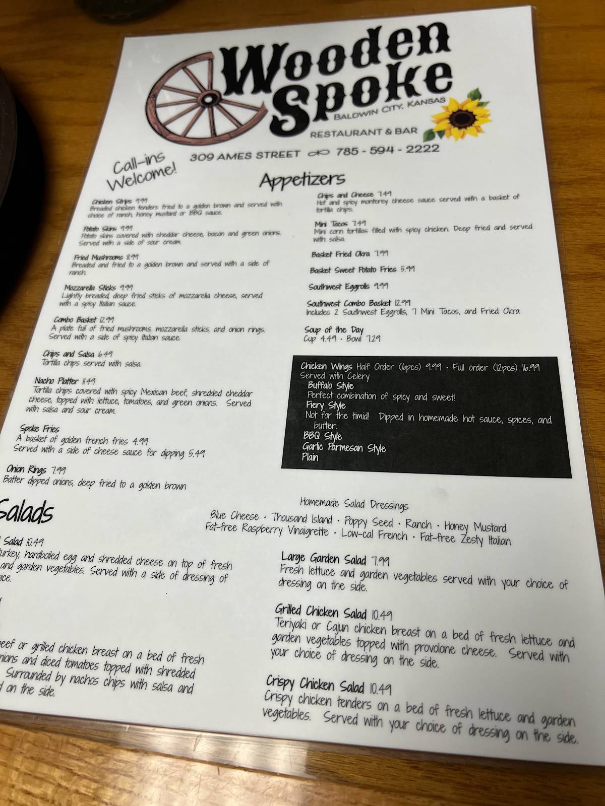 Menu at Wooden Spoke Restaurant, Baldwin City