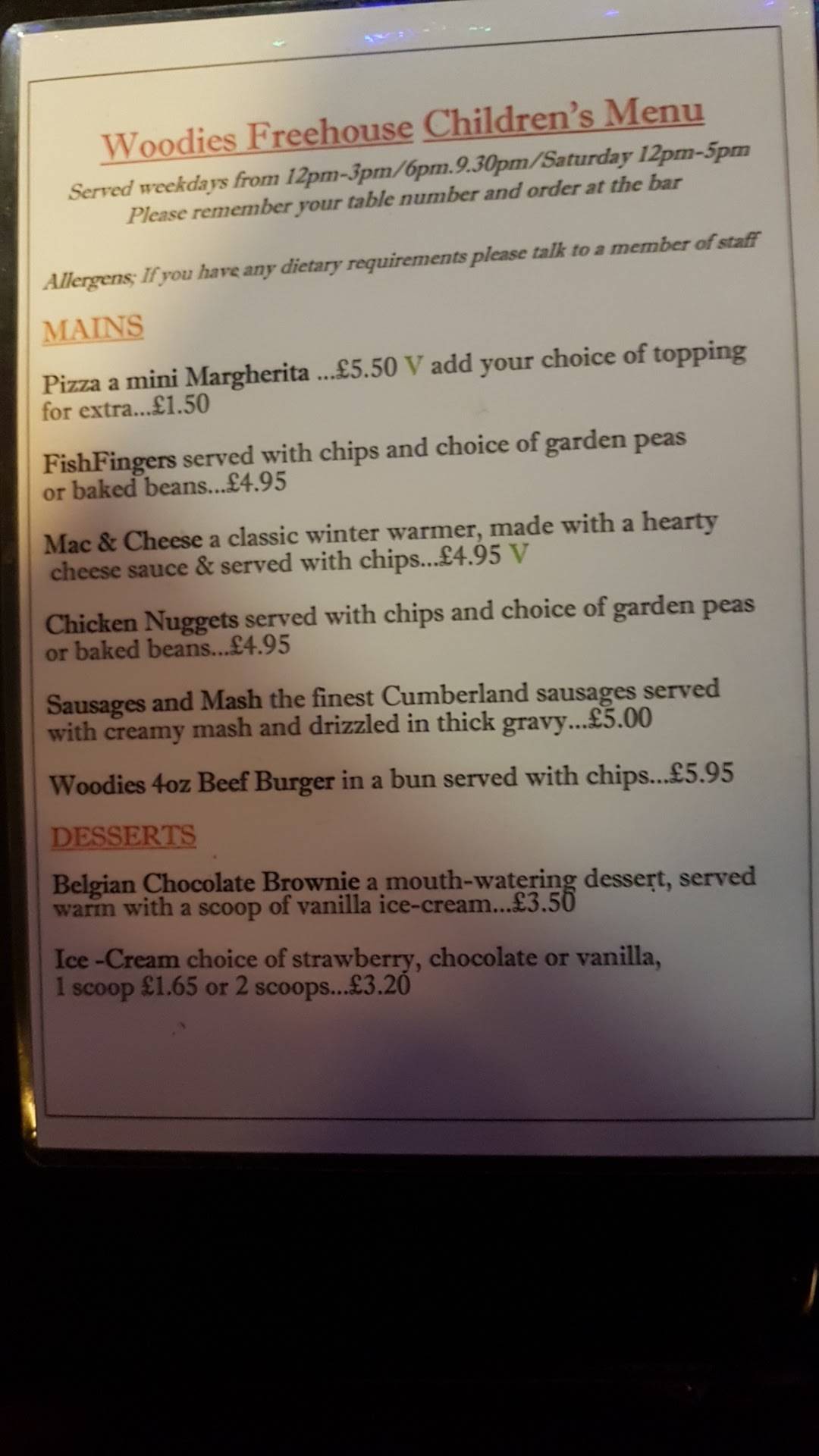 Menu at Woodies Freehouse pub & bar, New Malden