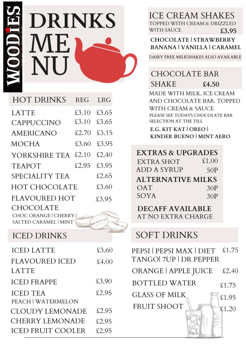 Menu at Woodies cafe, Blackwood