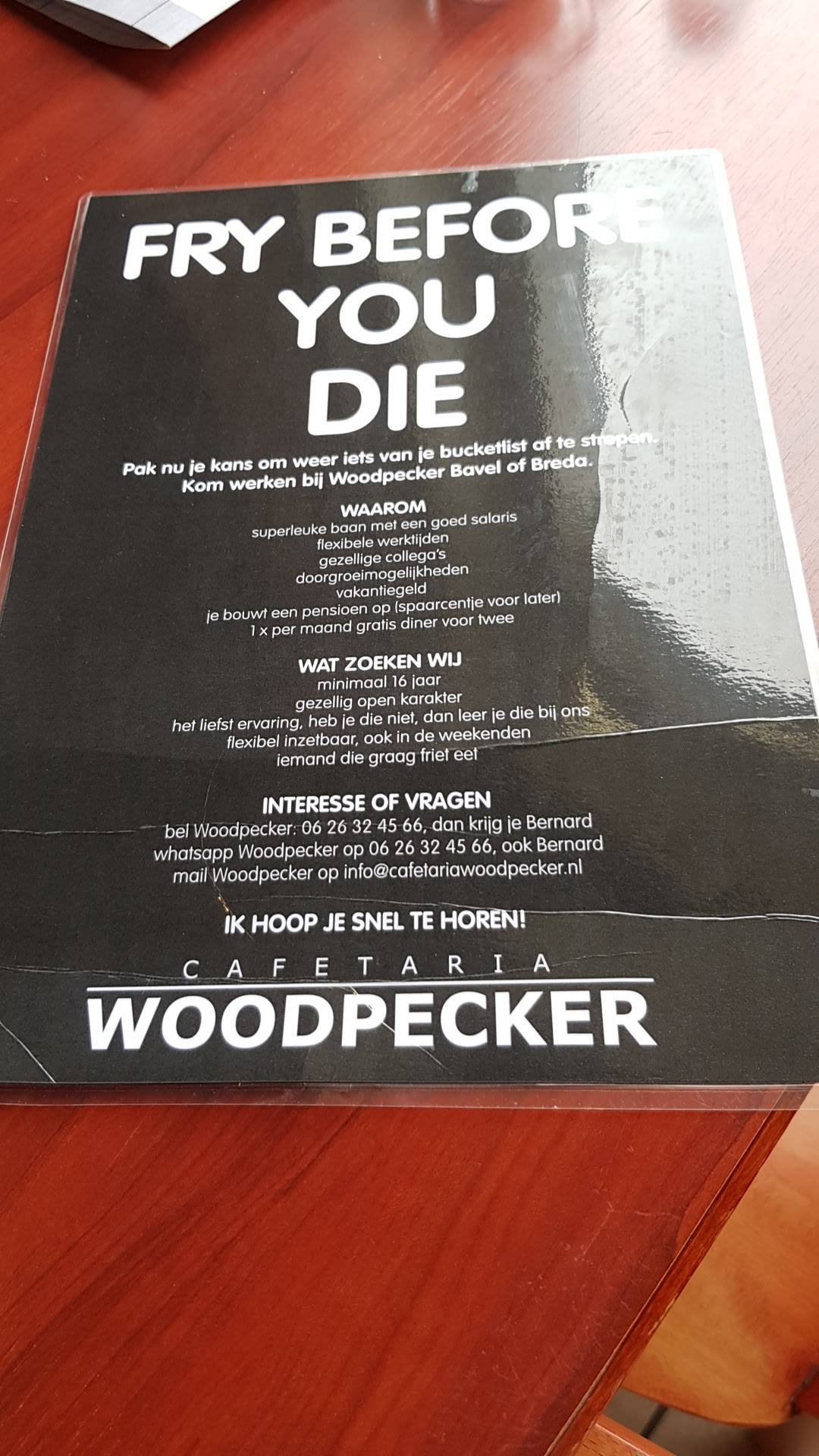 Menu at Woodpecker Cafeteria, Bavel, Kerkstraat 31