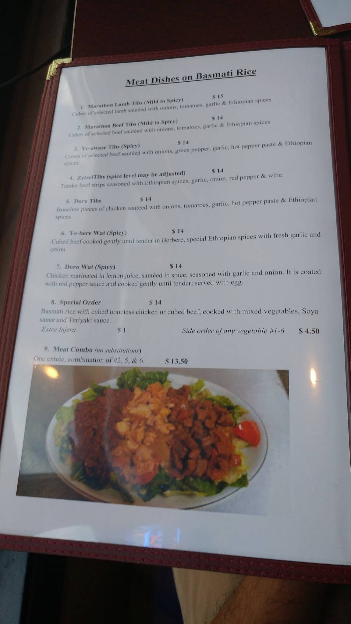 Menu at World Marathon Ethiopian restaurant, Windsor
