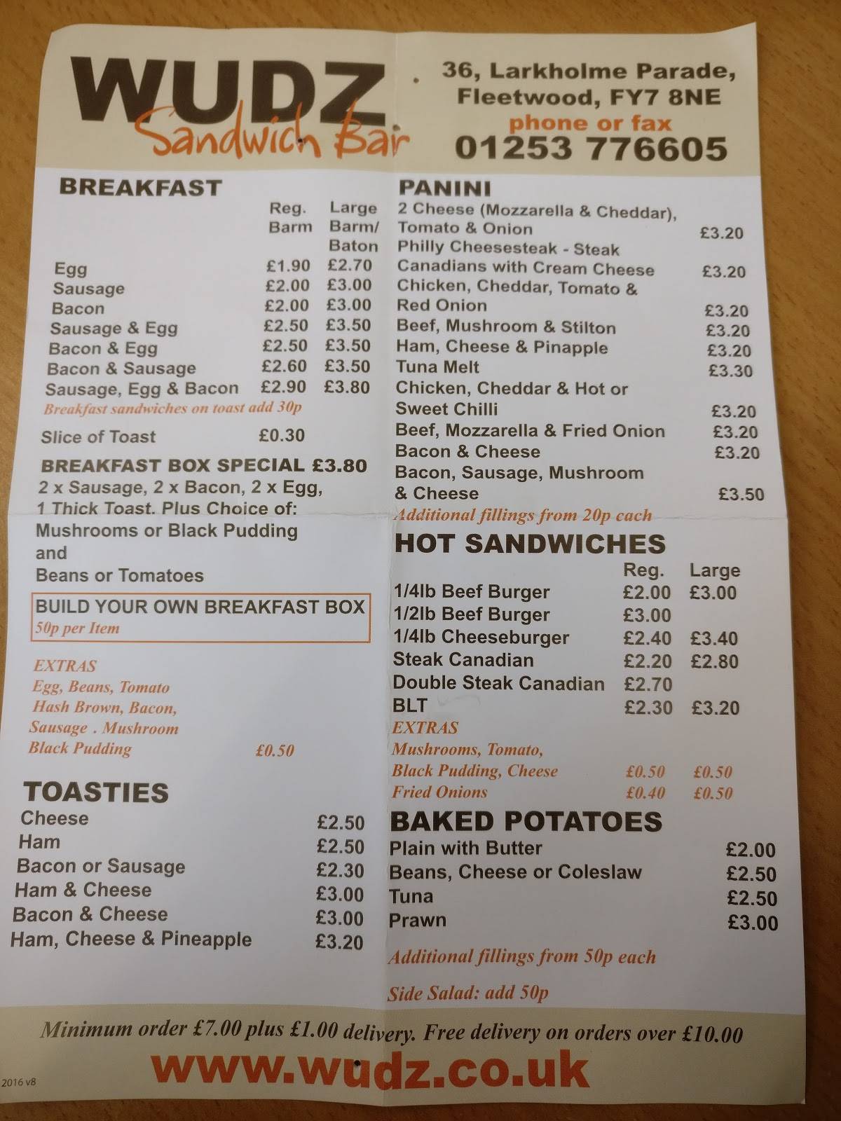 Menu at Wudz Sandwich Bar, Fleetwood