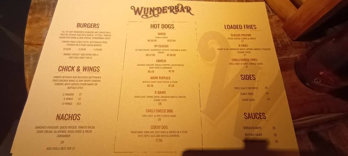 Menu at Wunderbar, Glasgow