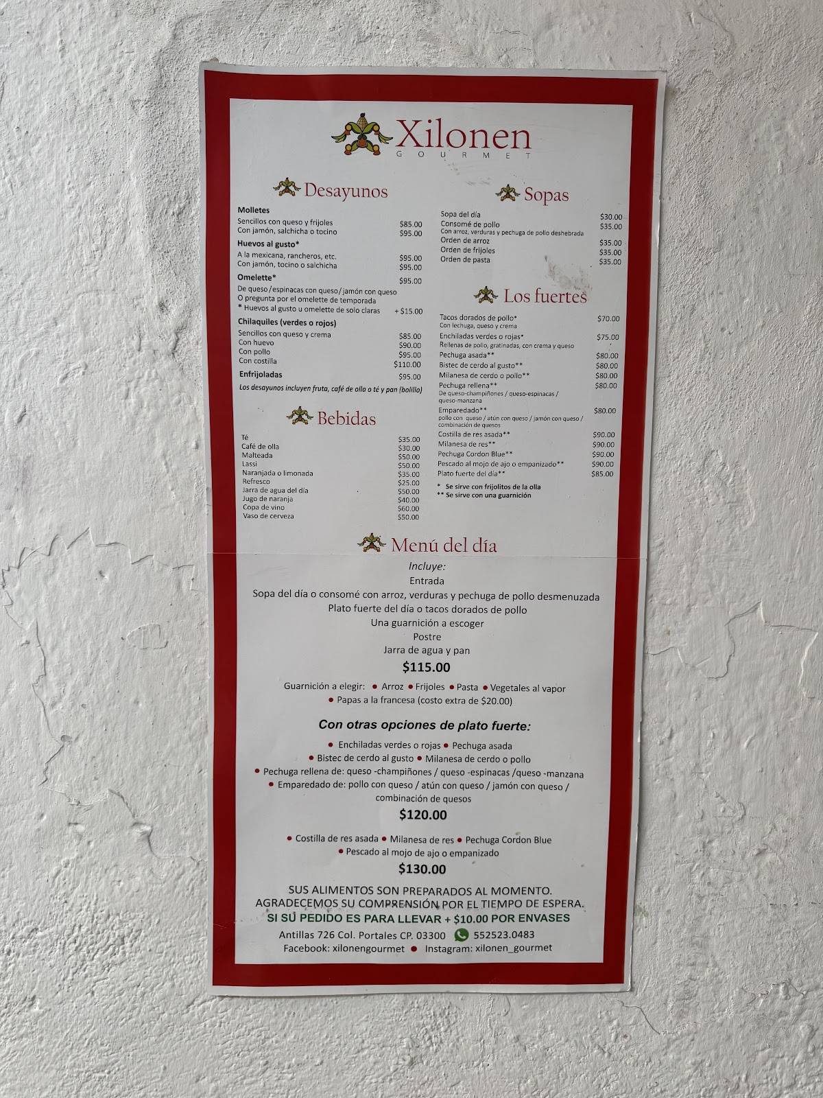Carta del restaurante Xilonen Gourmet, Ciudad López Mateos