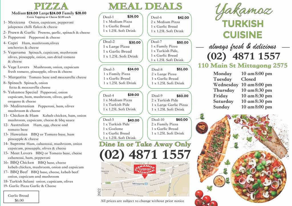 Menu at Yakamoz Turkish Cuisine restaurant, Mittagong