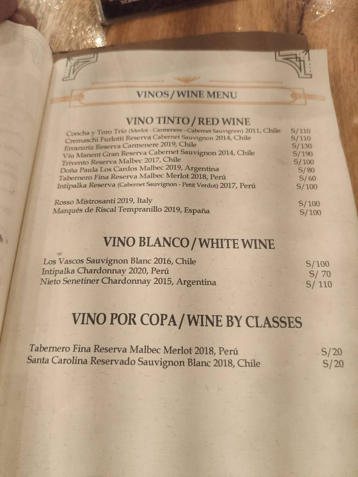 Carta de Yaku Restaurant, Cusco