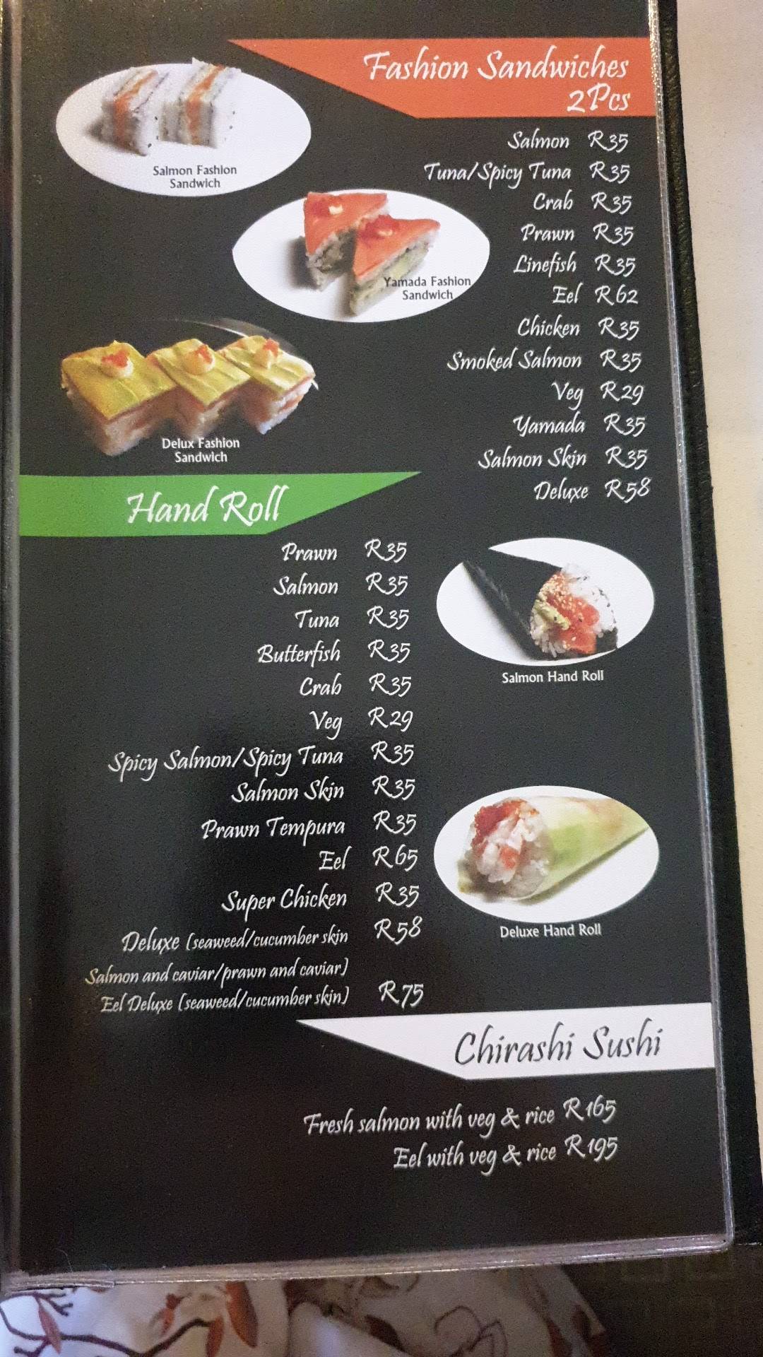 Menu at Yamada Sushi restaurant, Johannesburg, Cnr Rivonia and Mutual road